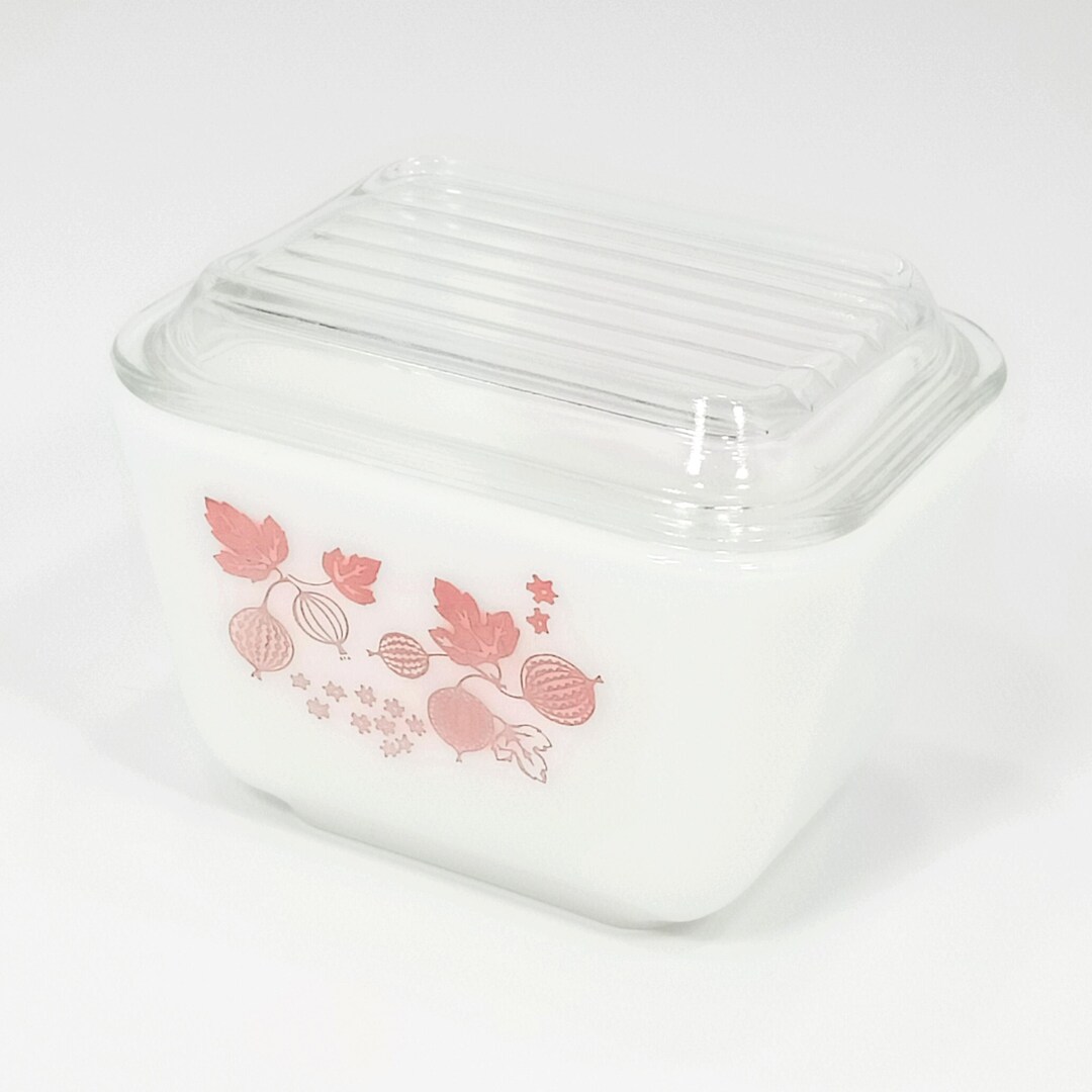 PYREX Refrigerator Dish "gooseberry" Small Opal White Dish Pink Grapes ...