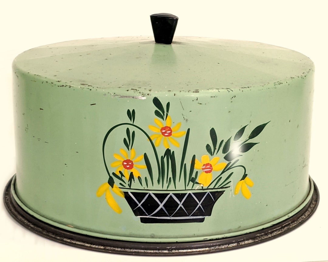 Cake Carrier Saver Green Metal Yellow Flowers Cake Keeper Baked Goods ...