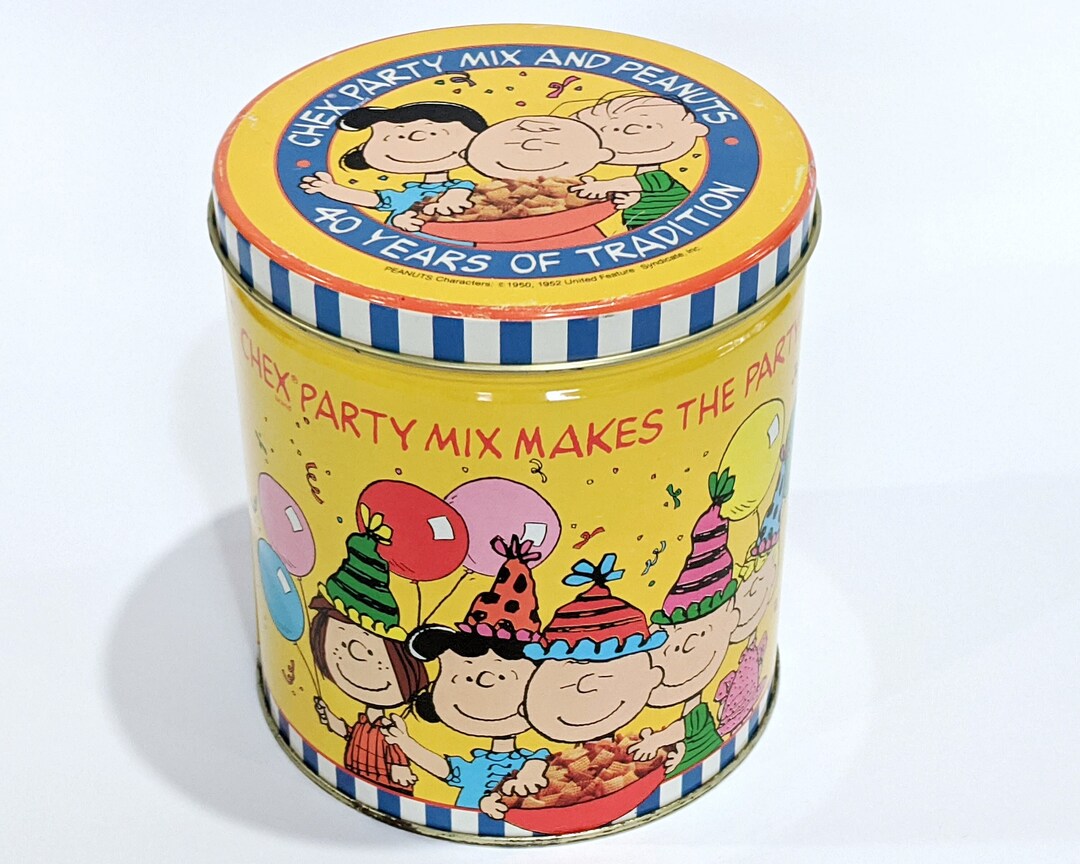 Tin Charlie Brown Peanuts® Friends Vintage Charles Schulz chex Party Mix and Peanuts 40th ...