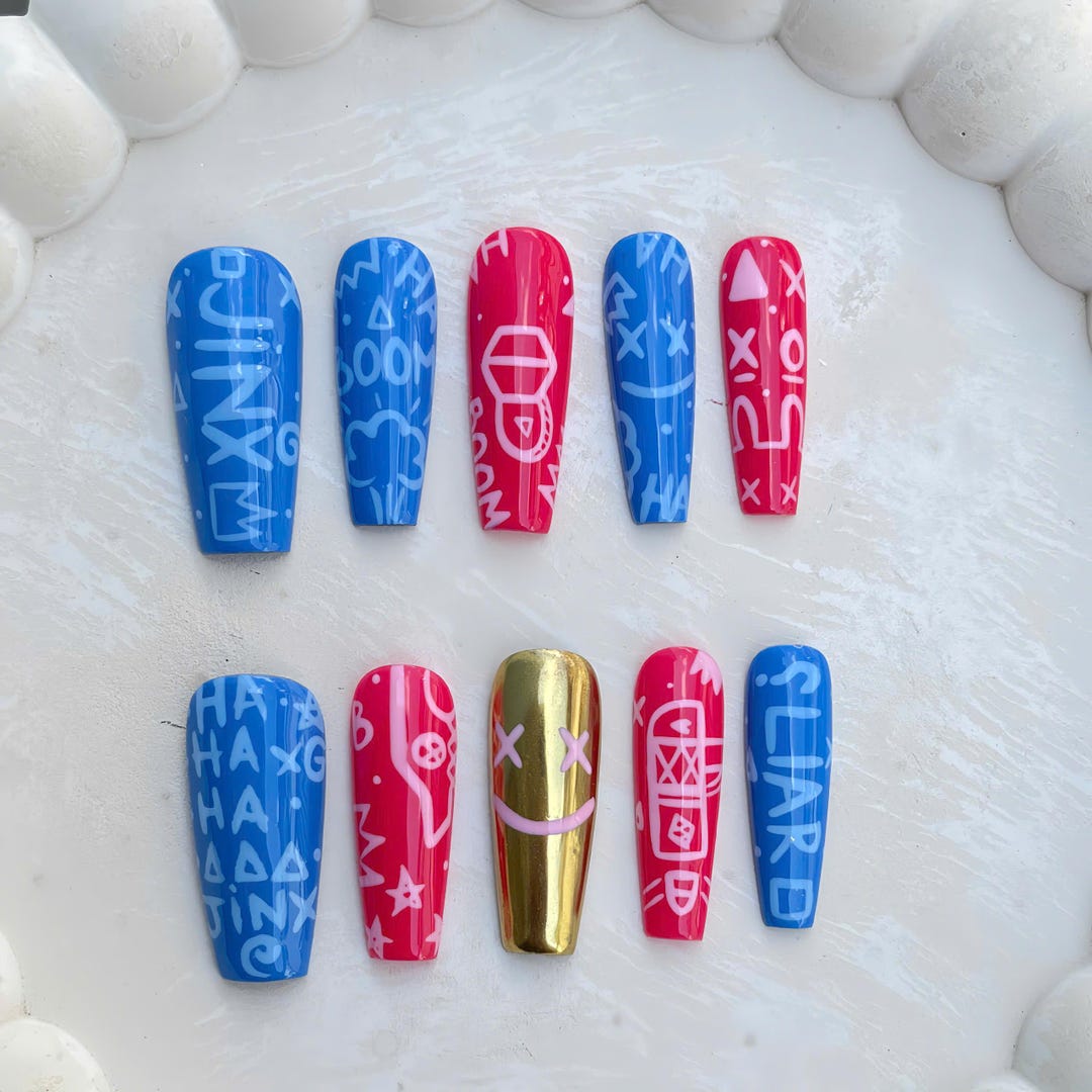 Jinx Arcane LOL Press on Nails | Blue Pink Gold Graffiti Nail Art ...