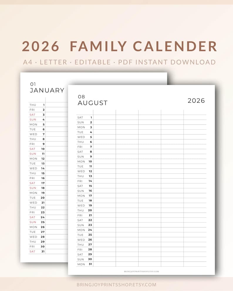2026 Family Monthly Calendar Printable | A4 Letter Planner (digital ...
