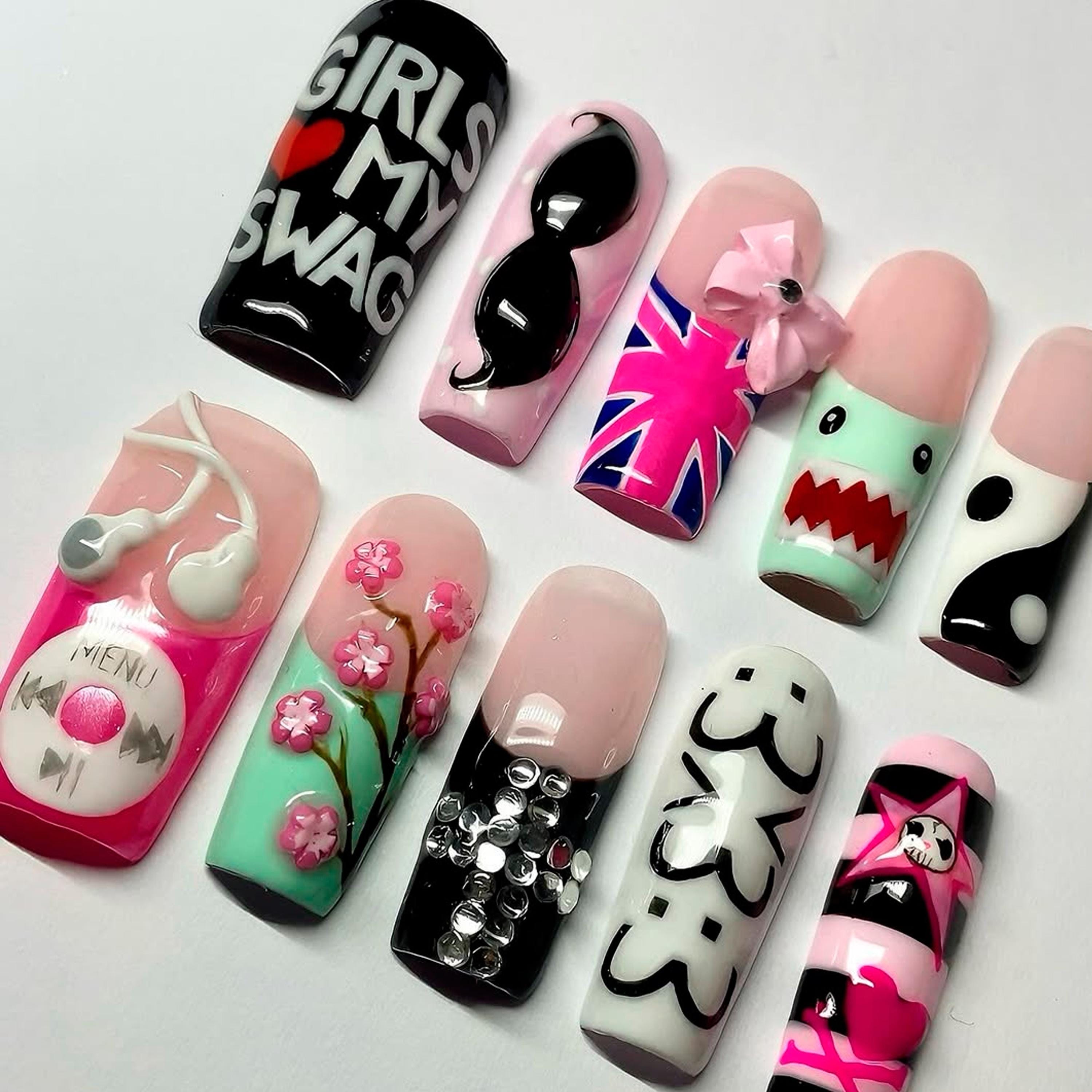 Y2K Emo Scene Press on Nails, Ipod, Domo, Union Jack, Rhinestone Nail ...