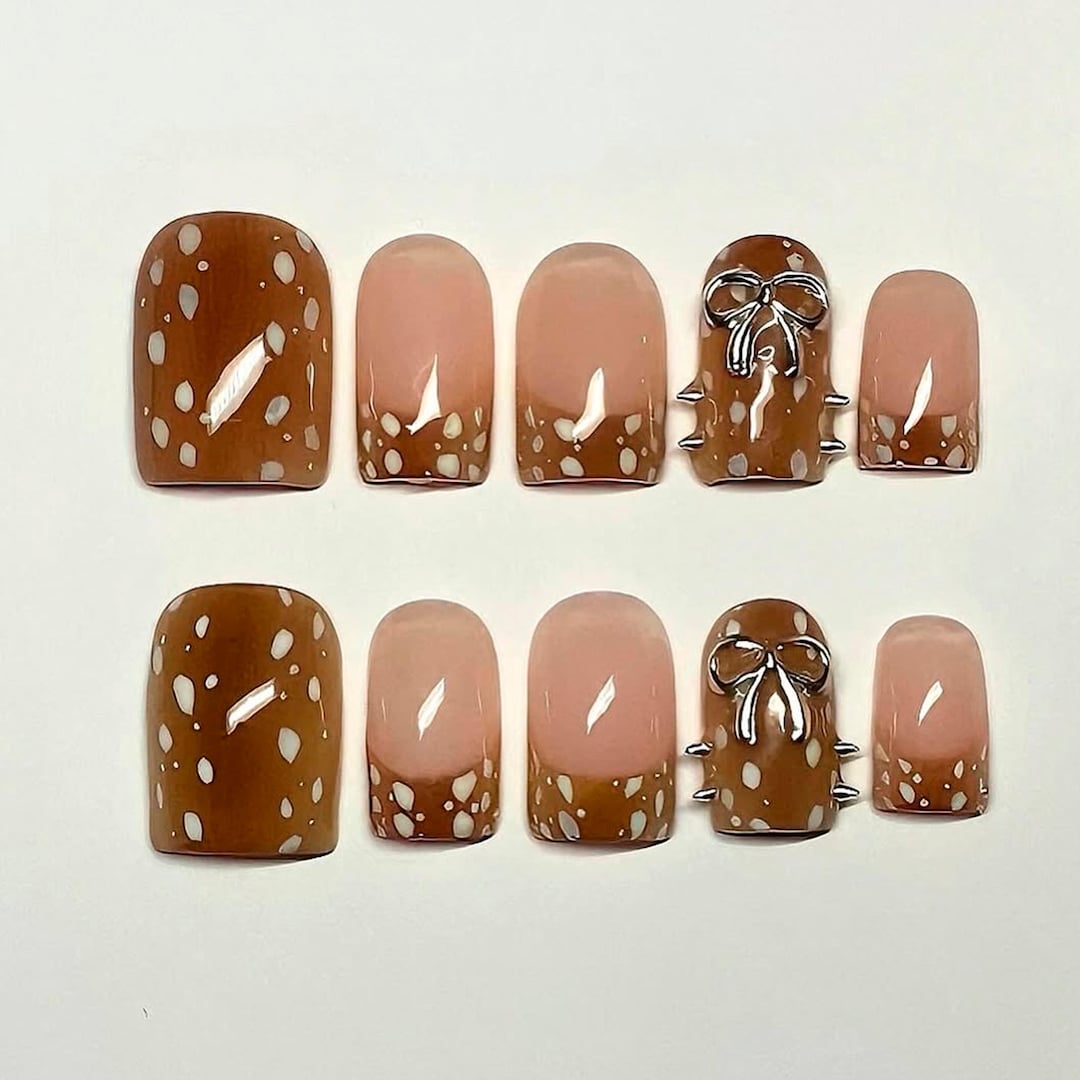 Fawn Press on Nails, Brown French Tip Nail Art With Silver Bow, Cute ...