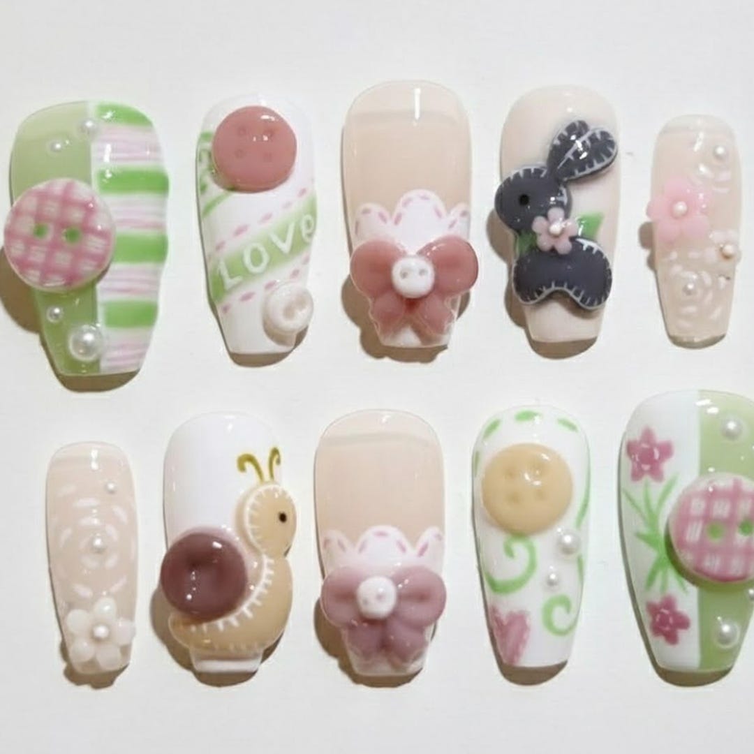 Pastel Cottagecore Press on Nails, Green Pink Button Nails, Cute ...