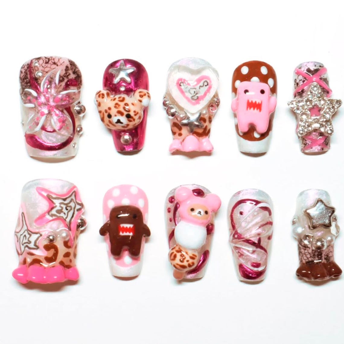 Domo X Rilakkuma Inspired Press on Nails, Cute Bear Character Nail Art ...