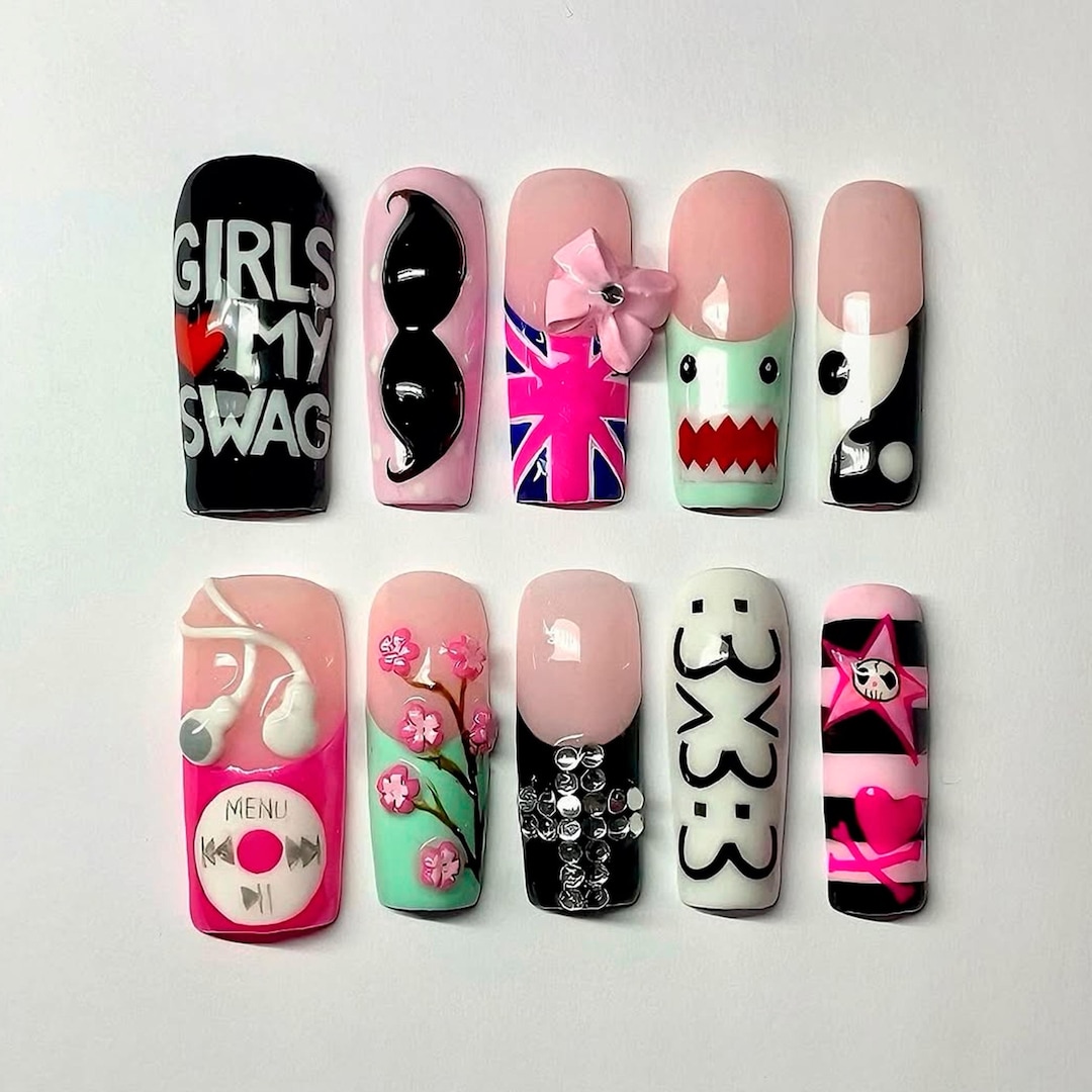 Y2K Emo Scene Press on Nails, Ipod, Domo, Union Jack, Rhinestone Nail ...