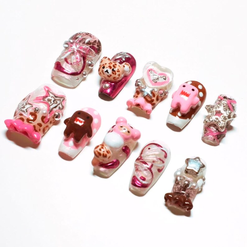 Domo X Rilakkuma Inspired Press on Nails, Cute Bear Character Nail Art ...