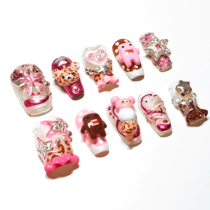 Domo X Rilakkuma Inspired Press on Nails, Cute Bear Character Nail Art ...