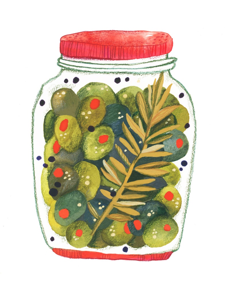 Olive Jar Art Print | Pickled Home Decor | Olive You Kitchen Painting ...