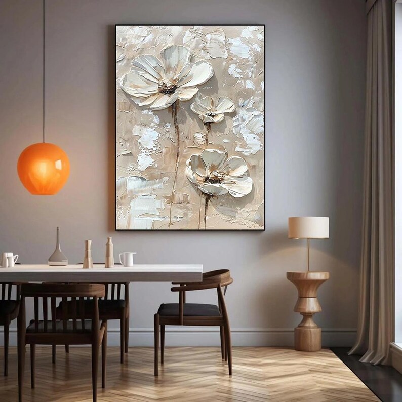 Abstract Flower Painting on Canvas,original Cream Textured Floral Wall ...