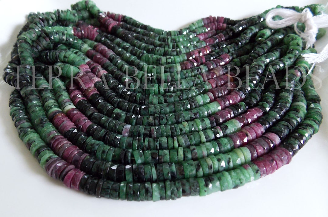 7" Strand RUBY in ZOISITE Faceted Gem Stone Heishi Wheel Rondelle Beads ...