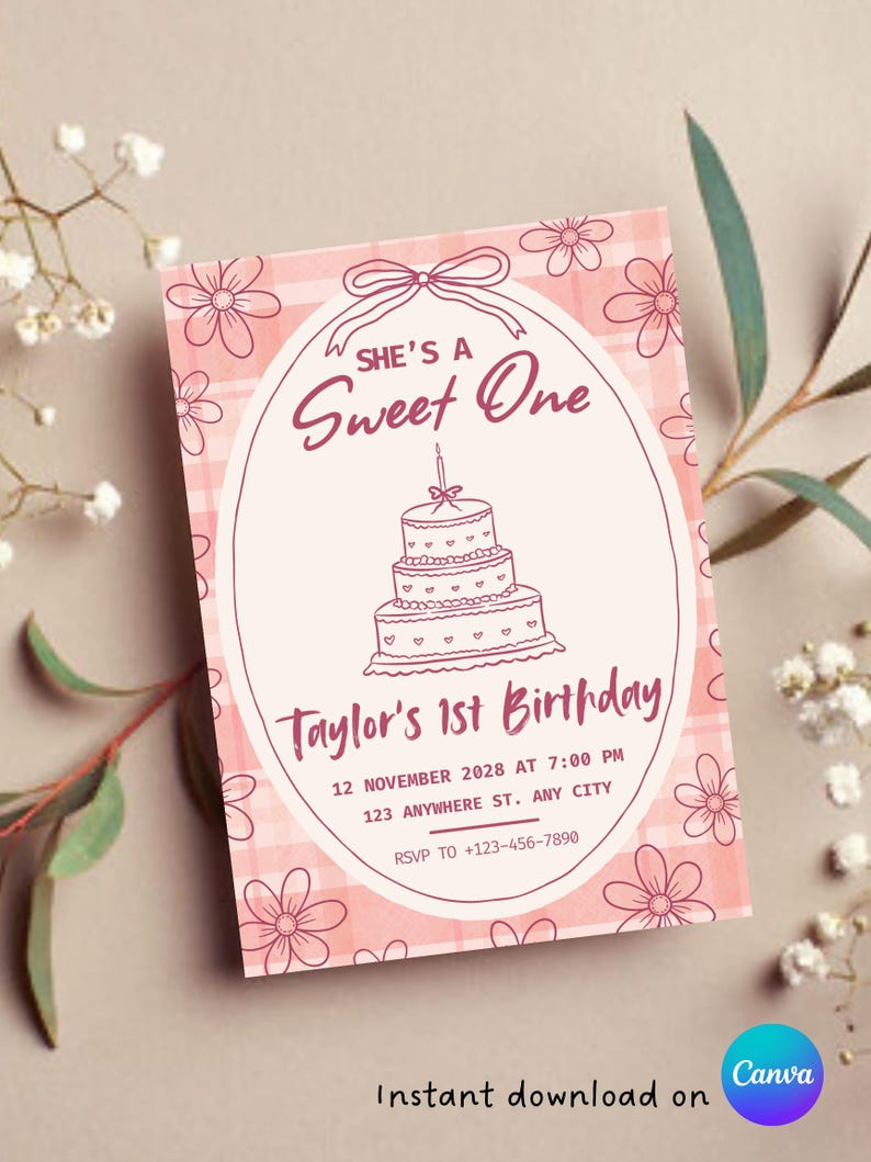 Sweet One Floral Birthday Invitation, Pink Gingham Cake First Birthday ...