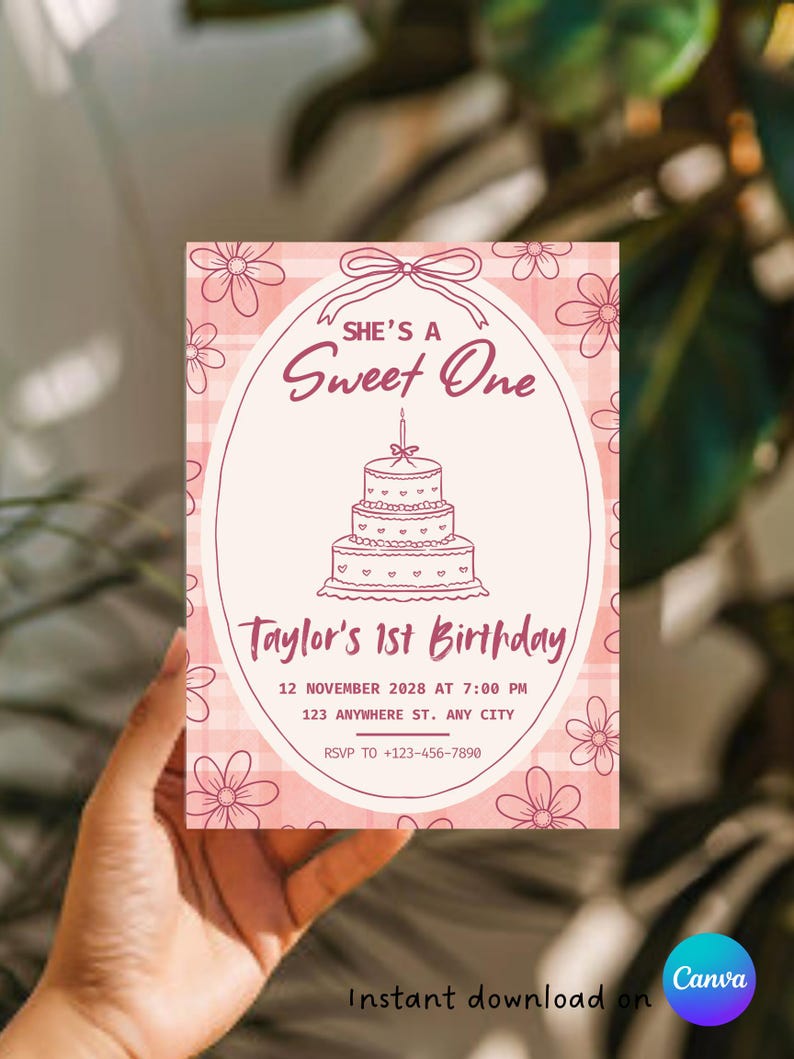 Sweet One Floral Birthday Invitation, Pink Gingham Cake First Birthday ...
