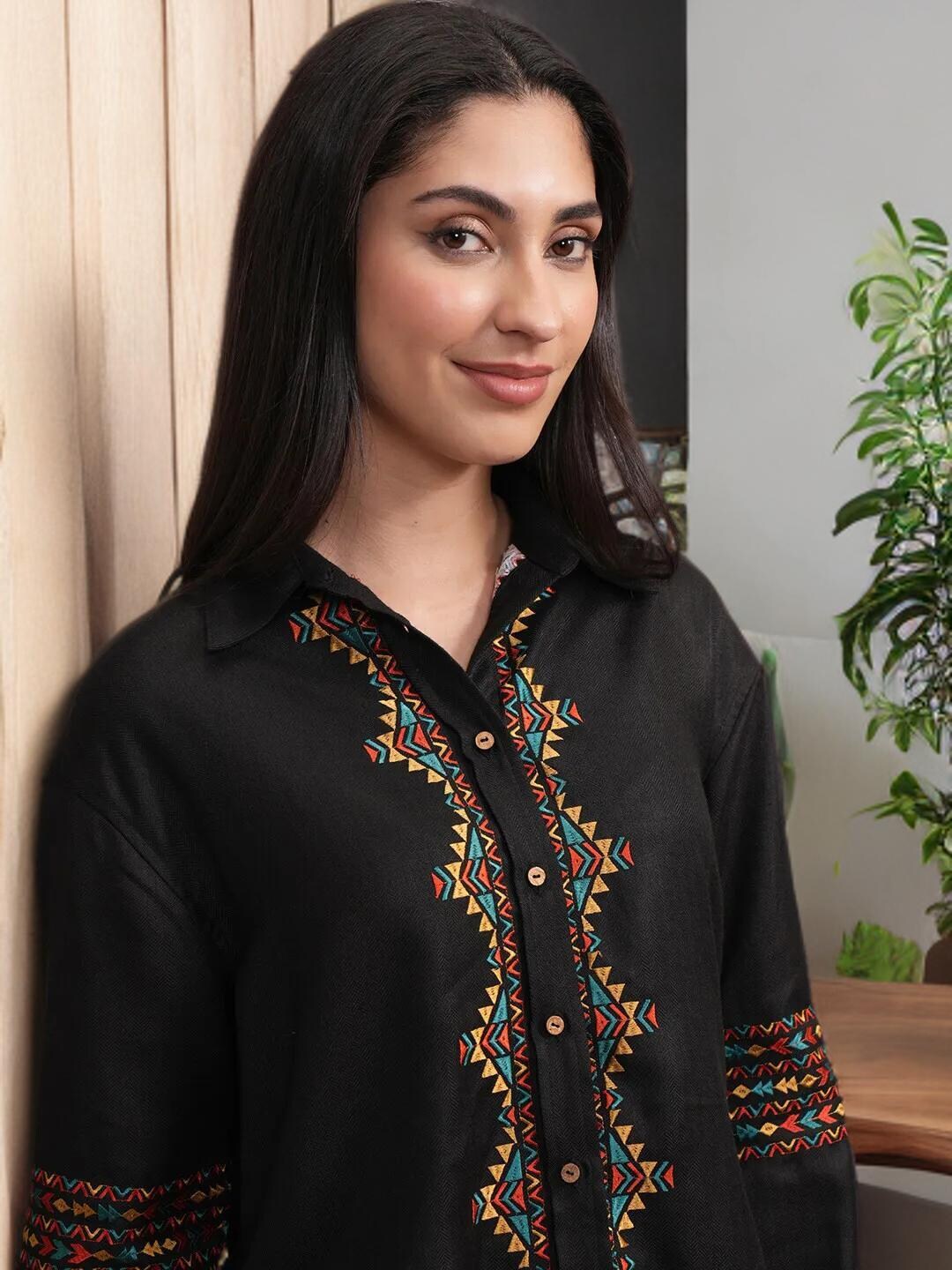Floral Embroidered Overshirt Spread Collar | Handmade Boho Long Sleeve ...