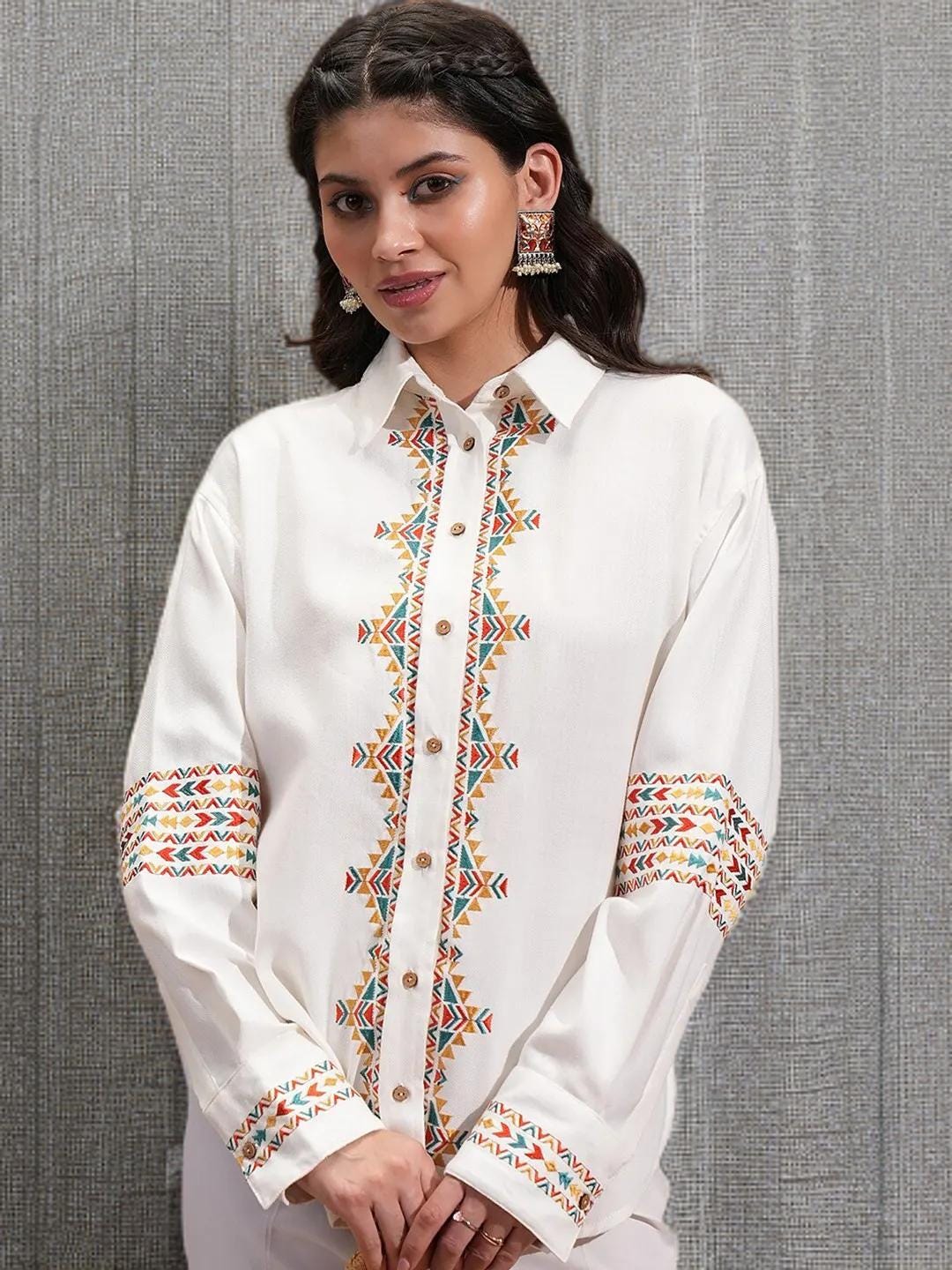 White Floral Embroidered Overshirt | Boho Button-down Cotton Top - Etsy