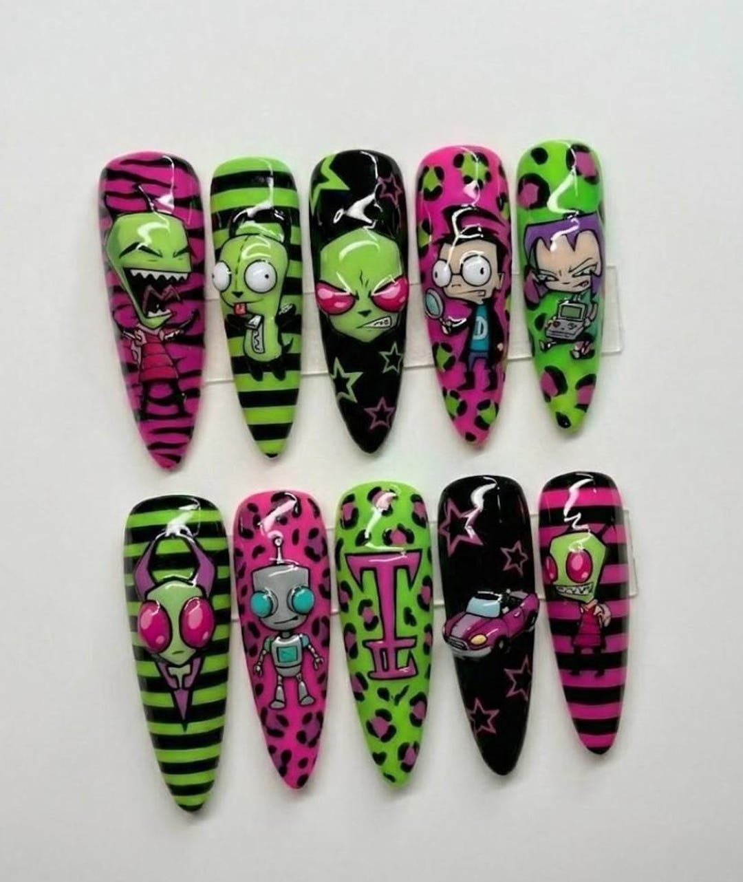 Handmade Invader Zim Press on Nails, 3D GIR Robot Dog Alien Art, Neon ...