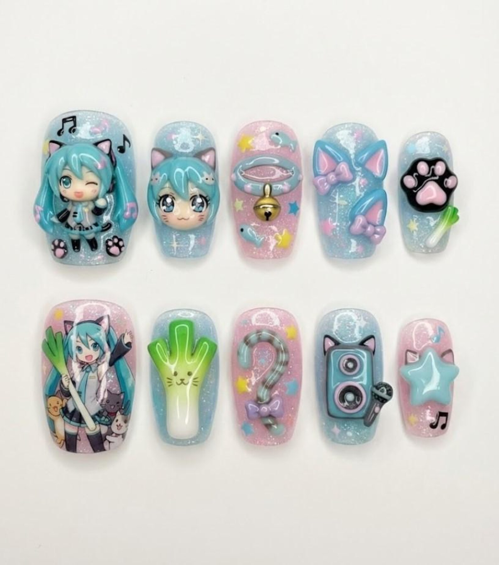 Handmade Hatsune Miku Press on Nails, 3D Cat Ear Nekomimi, Cute Leek ...