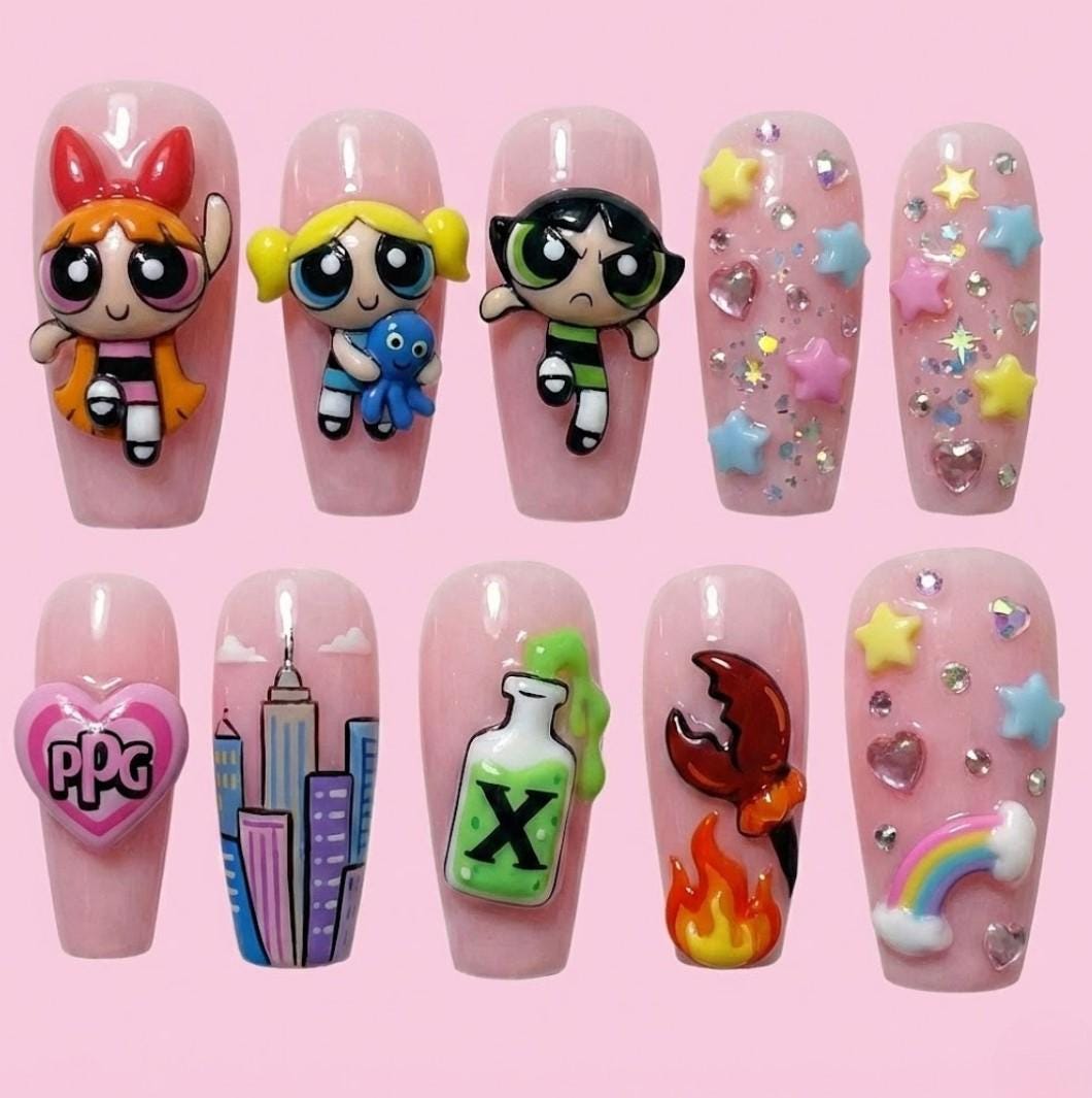 Handmade Powerpuff Girls Press on Nails, 3D Blossom Bubbles Buttercup ...