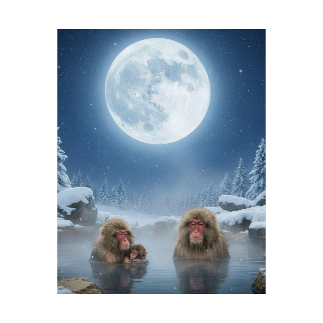 Snow Monkey Hot Spring Poster | Moonlit Winter Scene, Satin 300gsm - Etsy