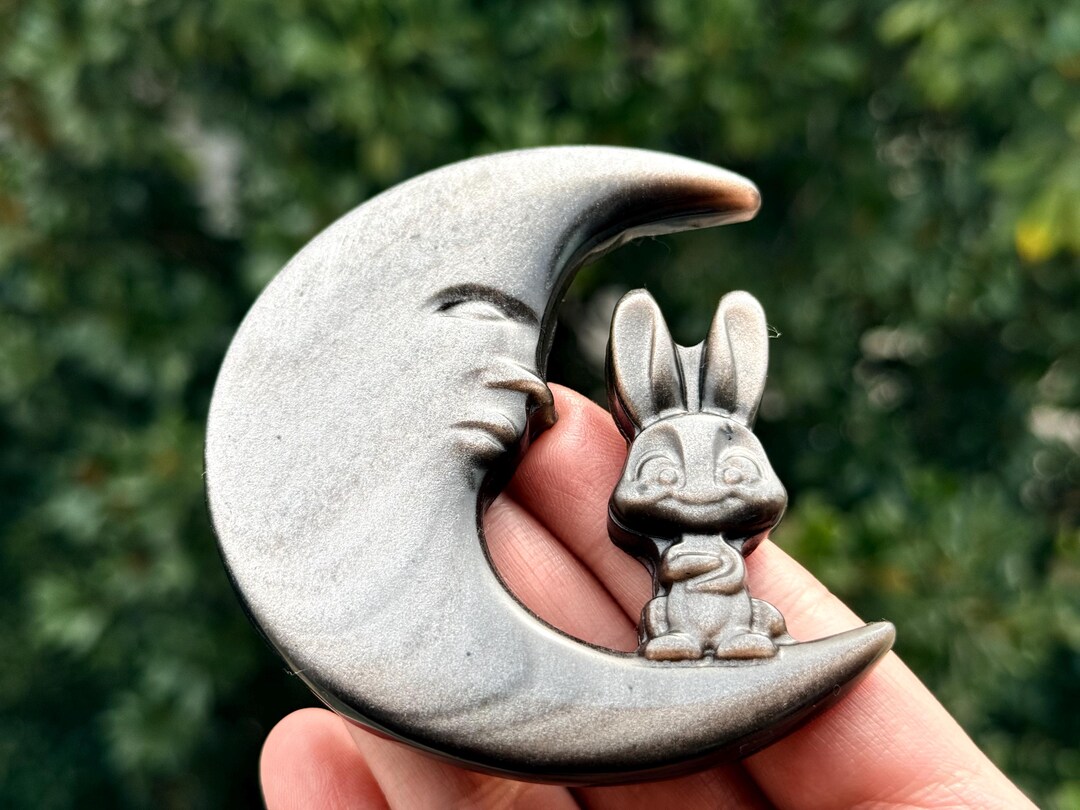 3.4" Natural Silver Obsidian Hand Carved Moon Rabbit, Bunny Sculpture ...