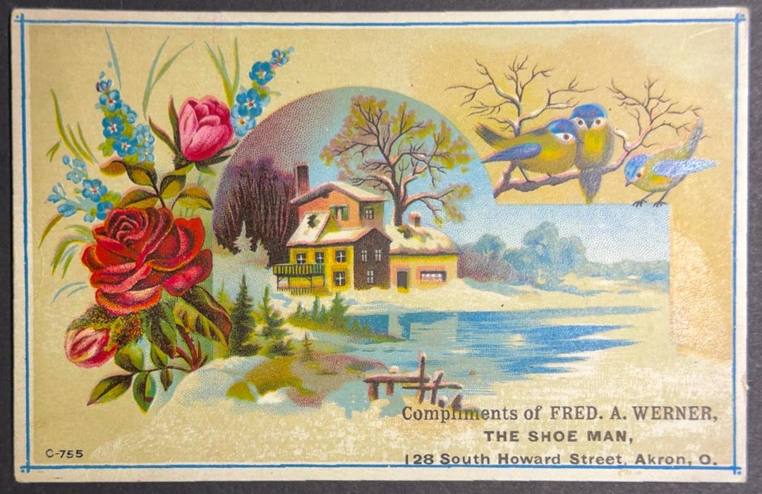 Victorian Trade Card Fred A Werner Shoe Man Akron Ohio Birds ...