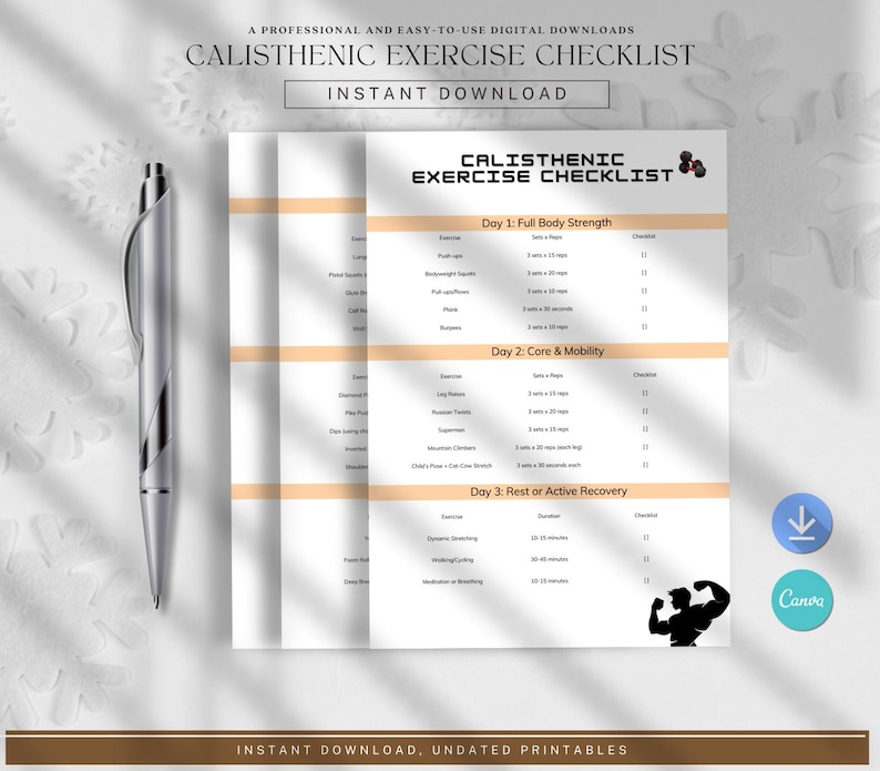 Calisthenic Exercise Checklist Printable | Bodyweight Workout Tracker ...