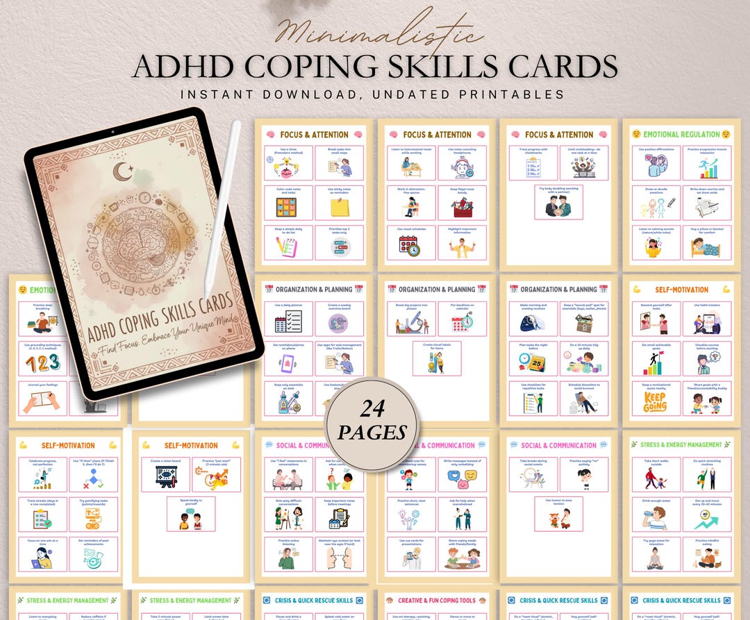 ADHD Coping Skills Cards, ADHD Therapy Tools, ADHD Bundle, Adhd for ...