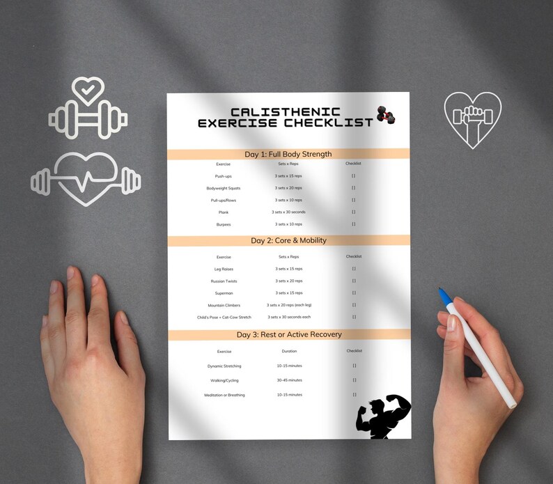 Calisthenic Exercise Checklist Printable | Bodyweight Workout Tracker ...