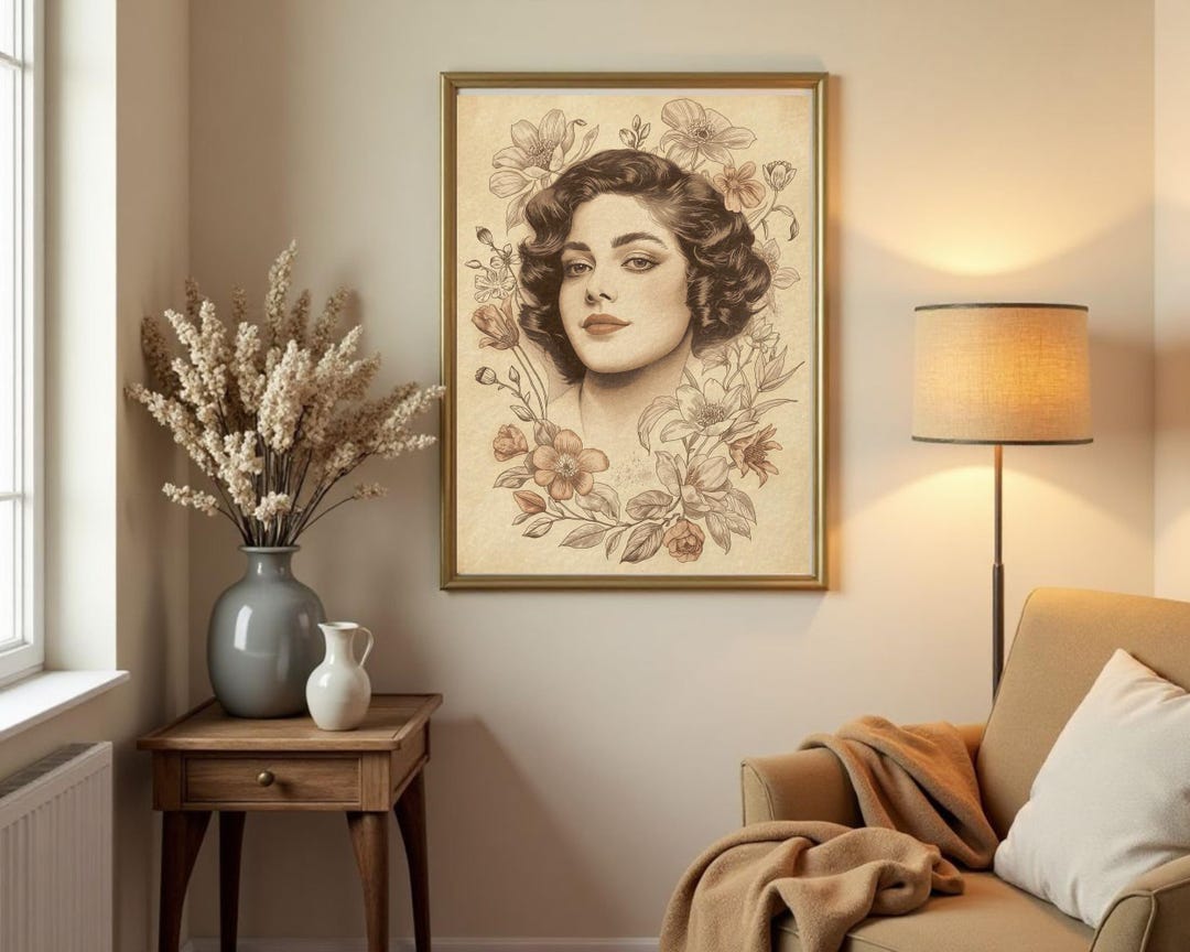 Victorian Floral Portrait Print | Classic Line Art Woman With Flowers ...