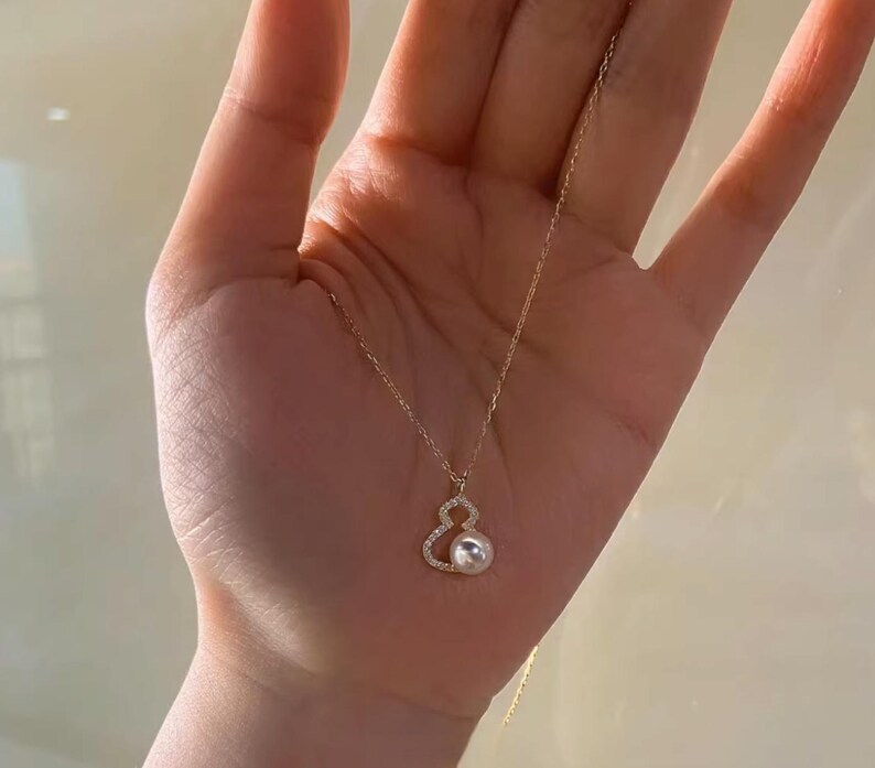 18K Solid Gold Tennyo Akoya Pearl Pendant Necklace With Real Diamond ...