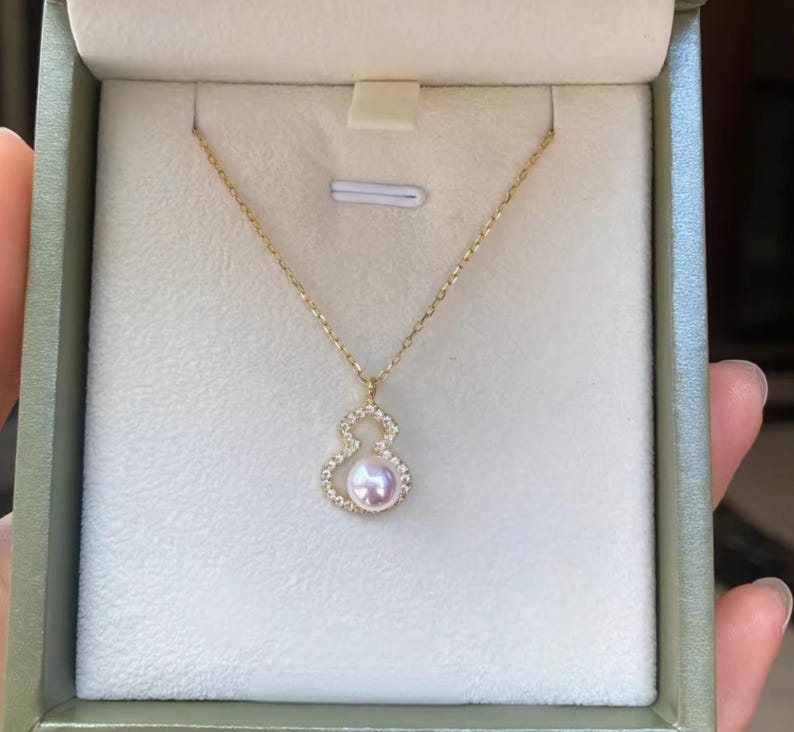 18K Solid Gold Tennyo Akoya Pearl Pendant Necklace With Real Diamond ...