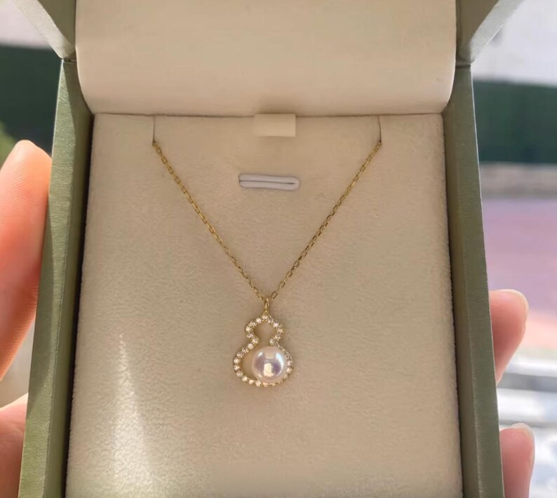 18K Solid Gold Tennyo Akoya Pearl Pendant Necklace With Real Diamond ...