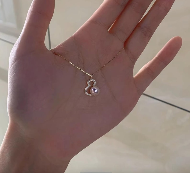 18K Solid Gold Tennyo Akoya Pearl Pendant Necklace With Real Diamond ...