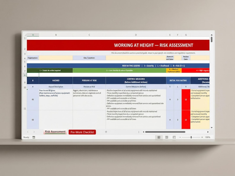 Working at Height Risk Assessment Template | Pre-work Safety Checklist ...