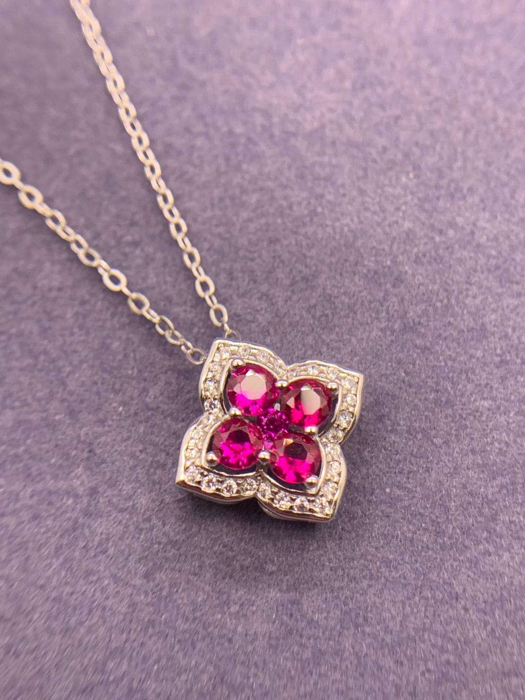 Sterling Silver Clover Necklace | Lab-grown Ruby & CZ Pendant - Etsy