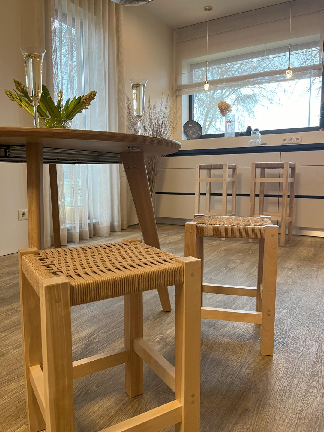 Solid Birch Wood Stool Made in a Small Factory. Paper Cord Weaving Seat ...