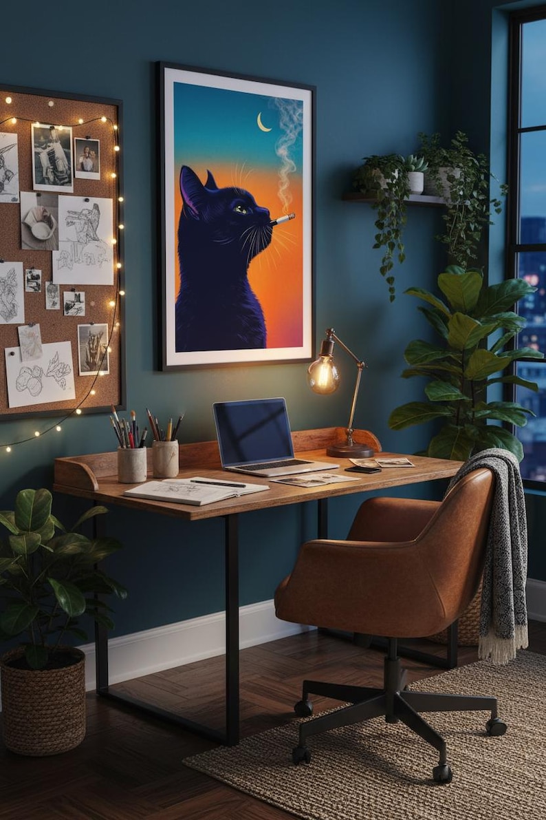 Black Cat Smoking Cigarette Vintage Poster, Retro Whimsical Wall Decor ...