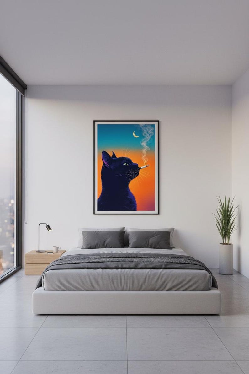 Black Cat Smoking Cigarette Vintage Poster, Retro Whimsical Wall Decor ...