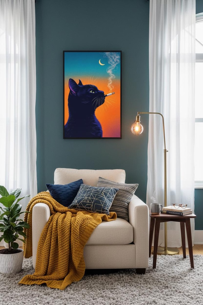 Black Cat Smoking Cigarette Vintage Poster, Retro Whimsical Wall Decor ...