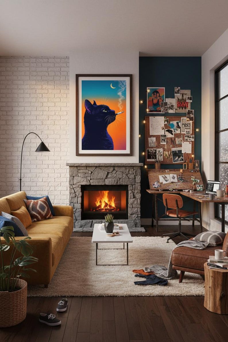 Black Cat Smoking Cigarette Vintage Poster, Retro Whimsical Wall Decor ...