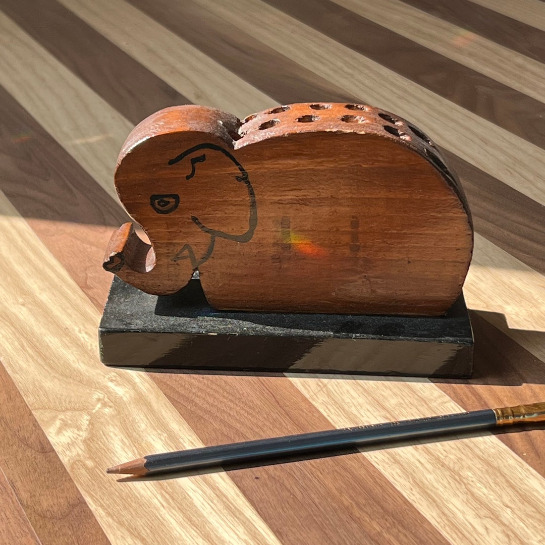 Wooden Folk Art Elephant Pencil Holder - Etsy
