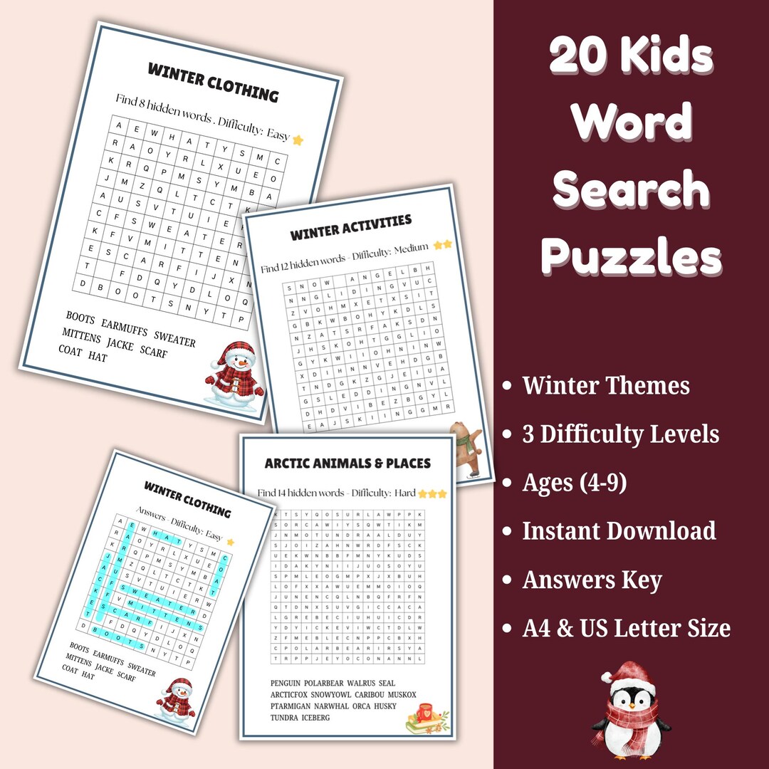 20 Winter Word Searches for Kids, A4 US Letter Pdfs - Etsy Australia