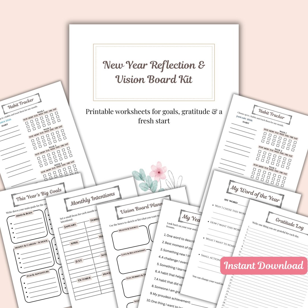 New Year Reflection & Vision Board Kit – Printable Goals Gratitude ...