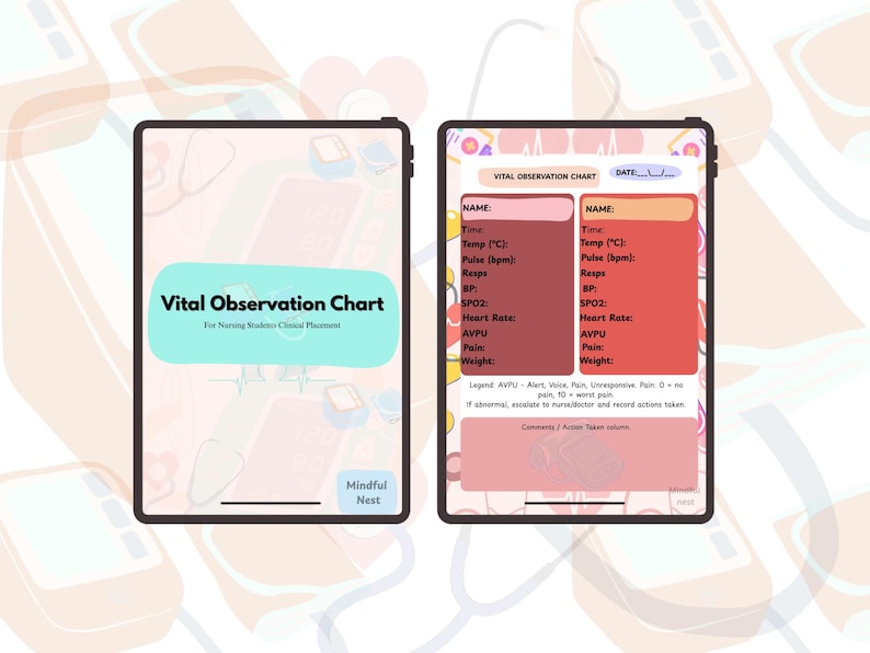 Vital Observation Chart, for Nursing Students, Clinical Placement ...