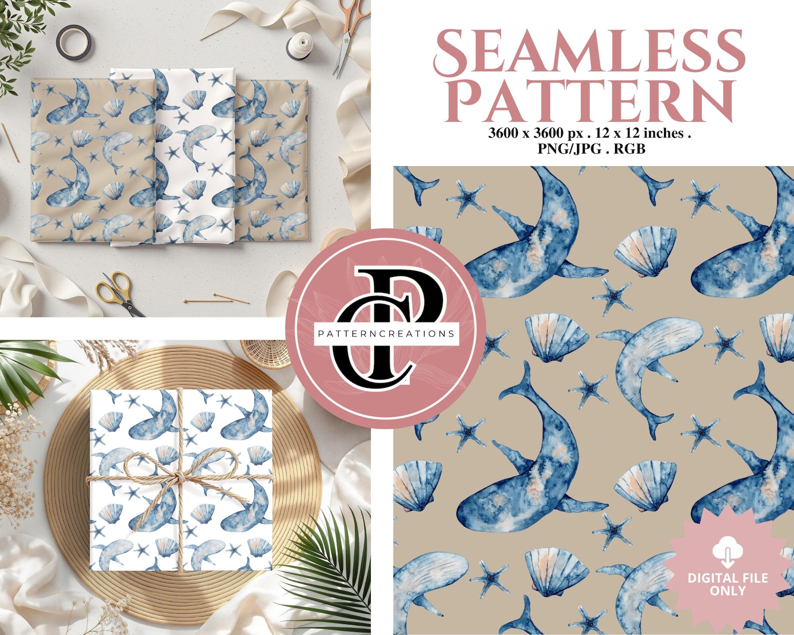 Watercolor Whale Seamless Pattern, Under the Sea Ocean Animals (digital ...