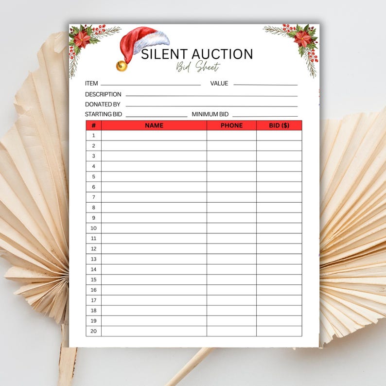 Silent Auction Bid Sheet Christmas, Printable Silent Auction Bid Sheets ...