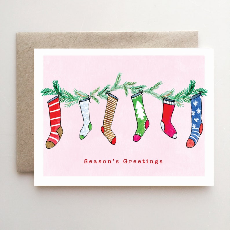 Christmas Stockings Watercolor Greeting Card, Handmade Holiday Card - Etsy