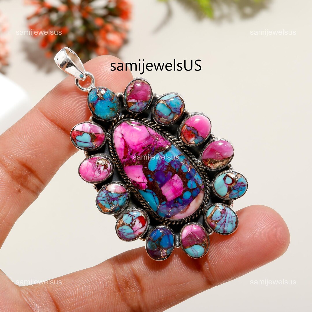 Pink Spiny Oyster Turquoise Designer Pendant 925 Sterling Silver ...