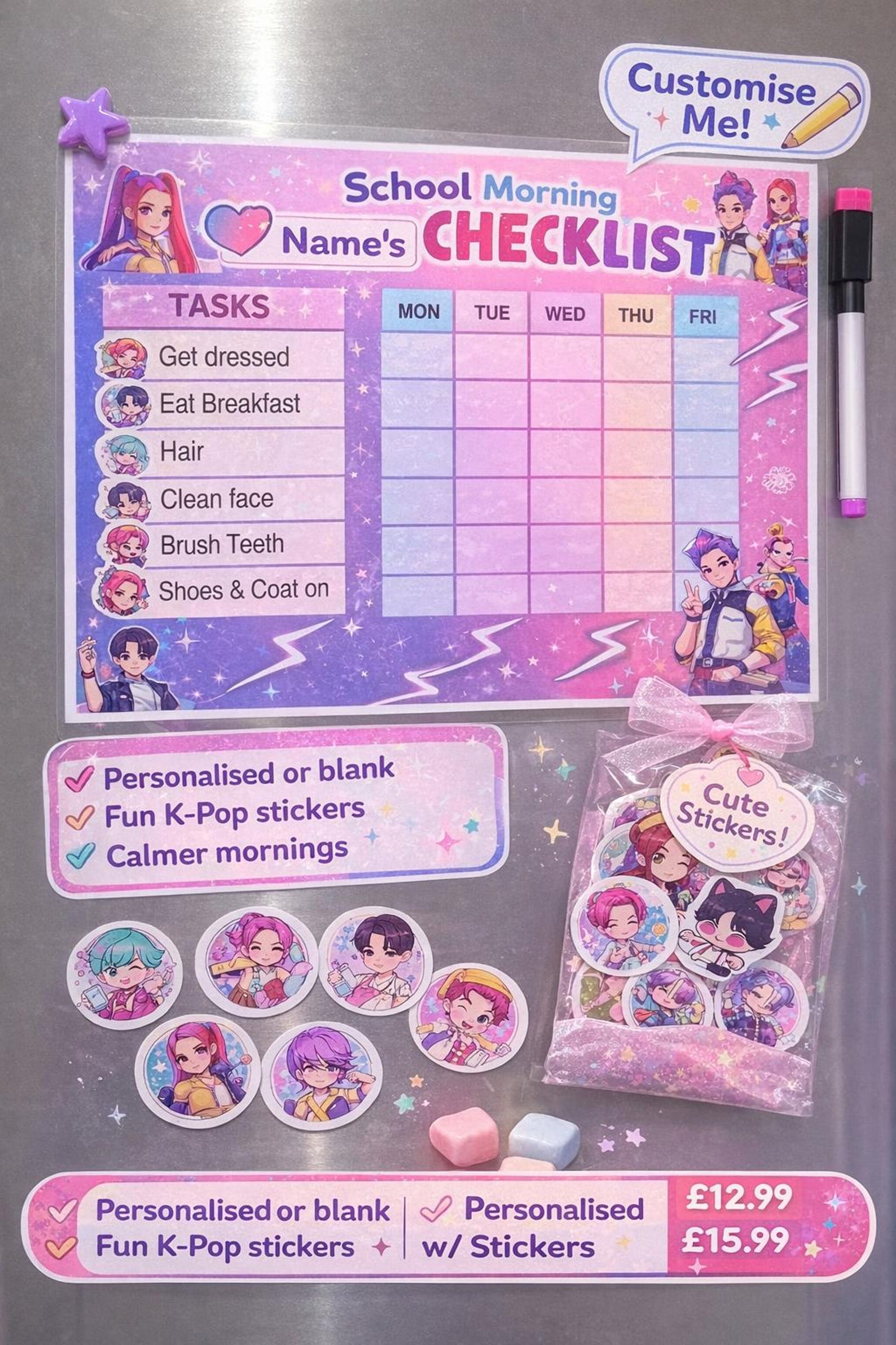 K-pop School Routine Chart | Customizable Checklist With Stickers - Etsy