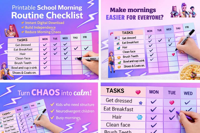 Kids School Morning Routine Checklist | Visual Chart (printable PDF A4 ...